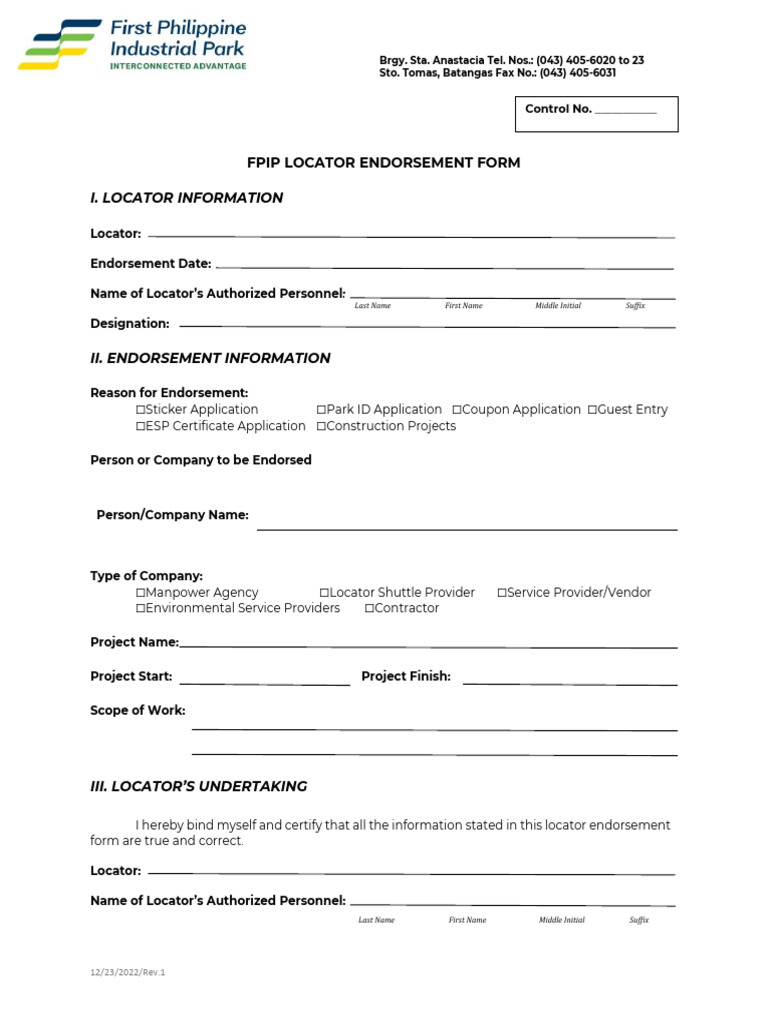 FPIP LOCATOR ENDORSEMENT FORM Rev.1 | PDF