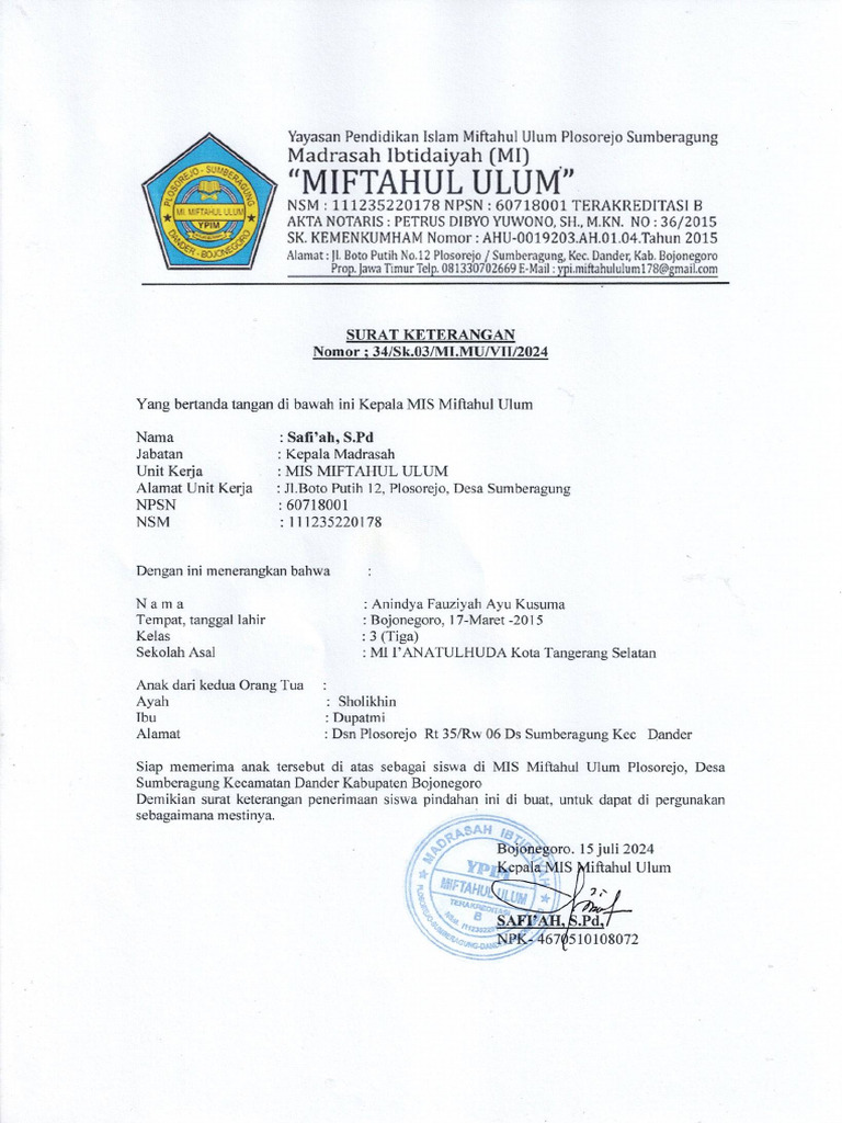 Surat Penerimaan Pindahan | PDF