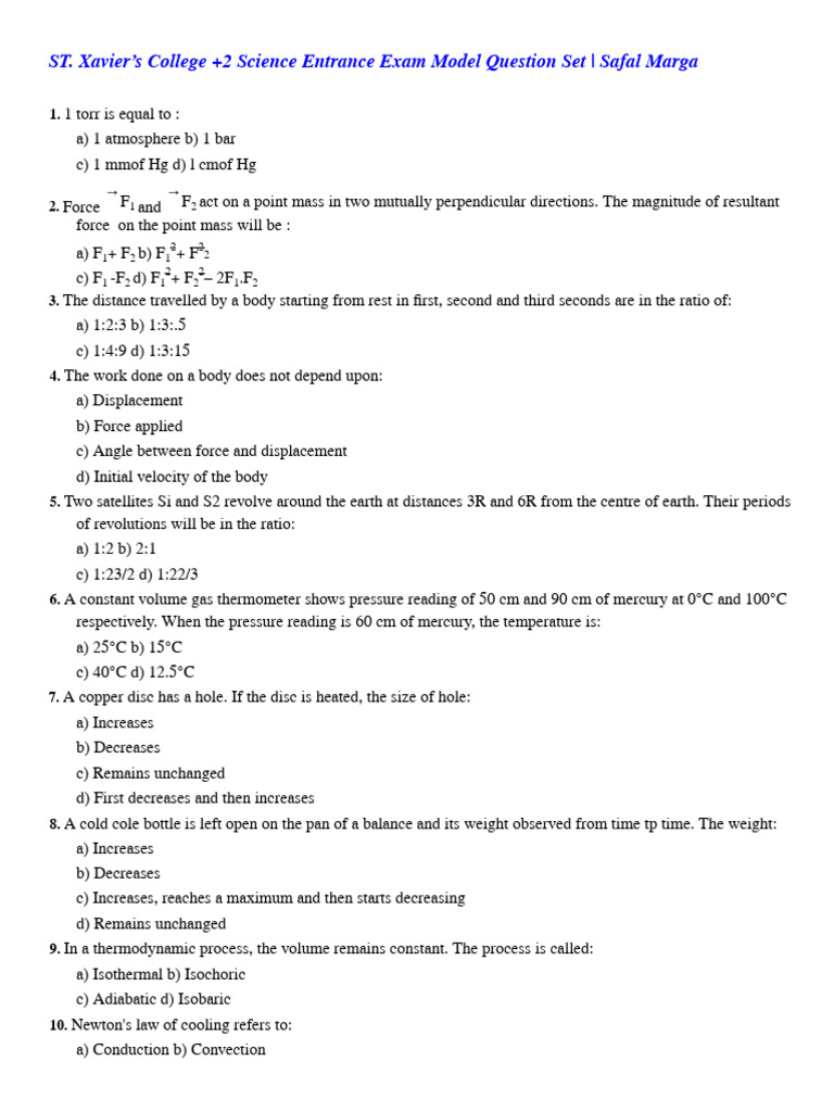ST. Xaviers College 2 Science Entrance Exam Model Question Set | PDF