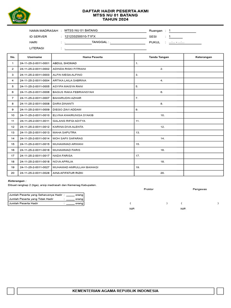 Pangkalan Data AKMI - Admin Madrasah - MTSS NU 01 BATANG1 | PDF