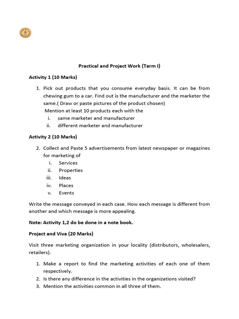 XI Marketing 202425 Practical and Project Work | PDF