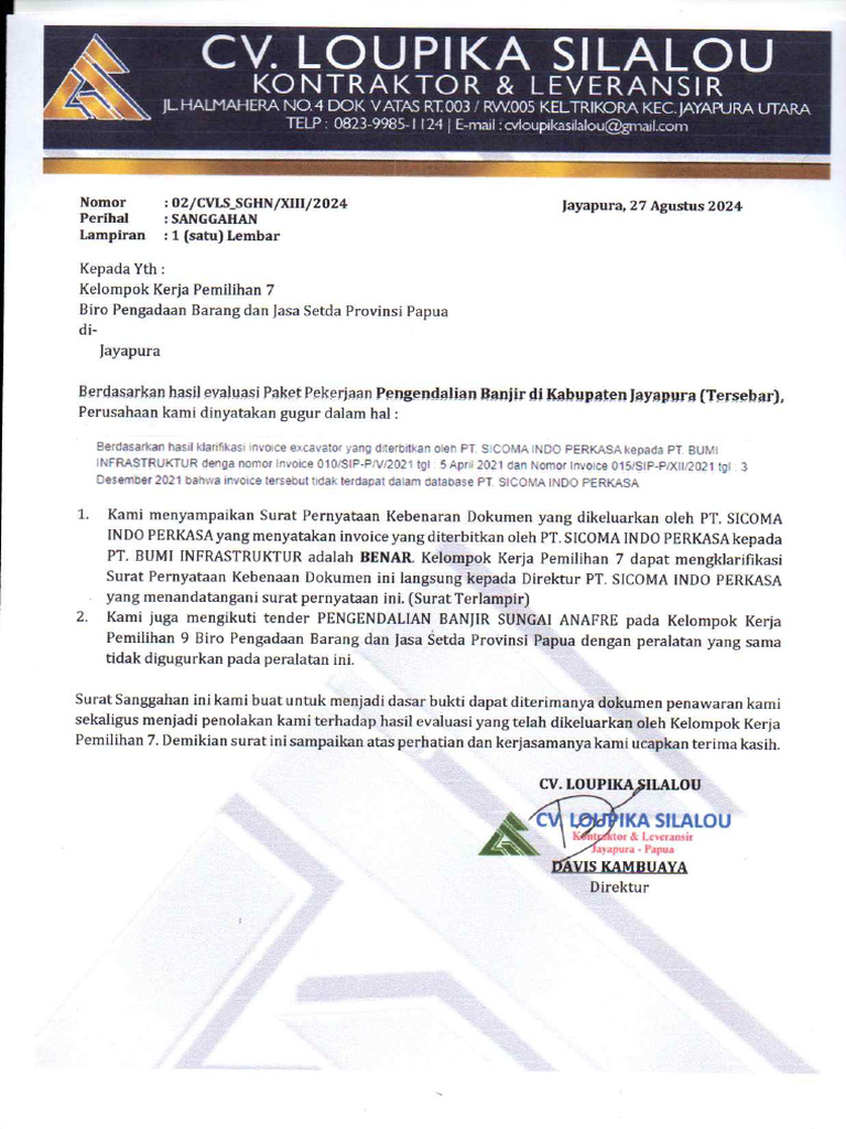 Surat Sanggahan Pengendalian Banjir Di Kabupaten Jayapura (Tersebar) | PDF