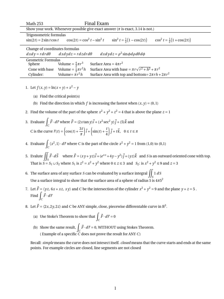 Final Exam Math 253 Fa 22 | PDF | Area | Sphere