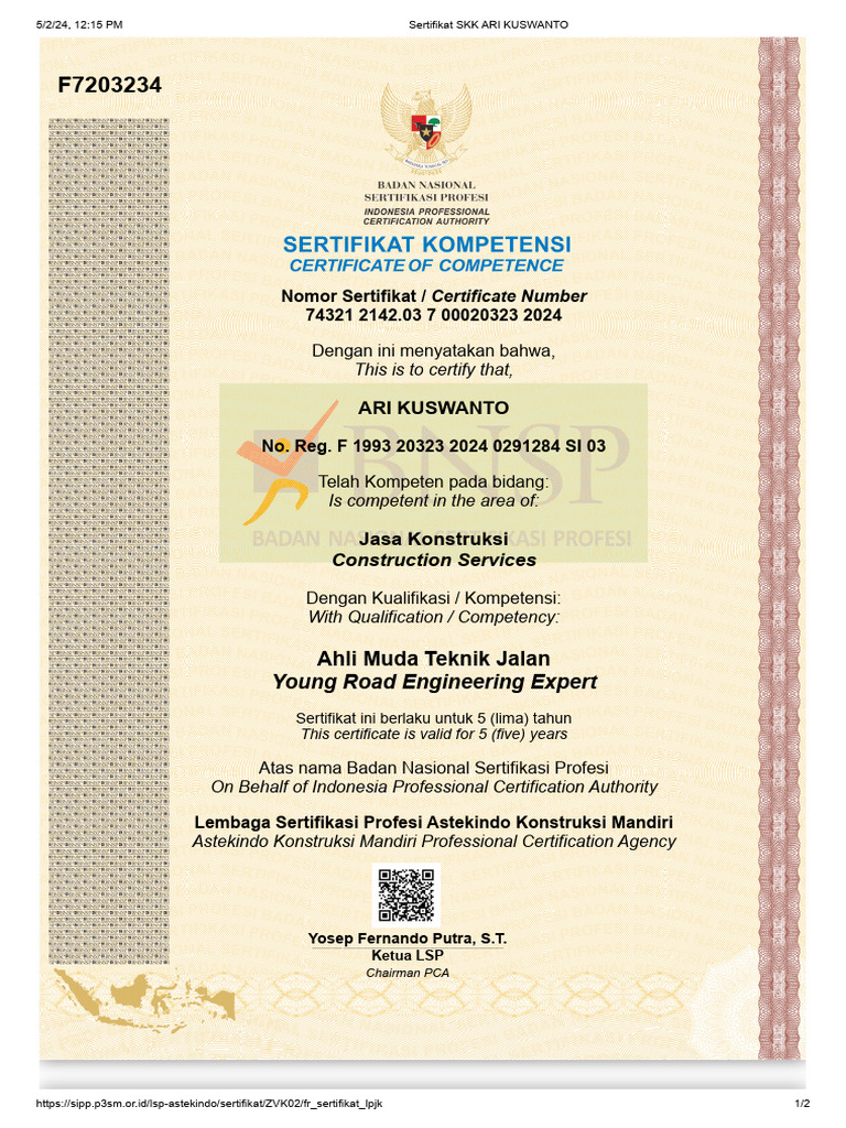 Nomor Sertifikat / 74321 2142.03 7 00020323 2024: This Is To Certify That | PDF