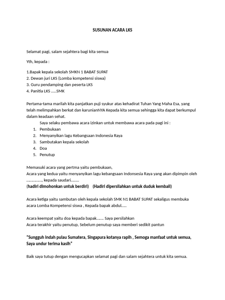 Susunan Acara LKS Babat Supaat | PDF