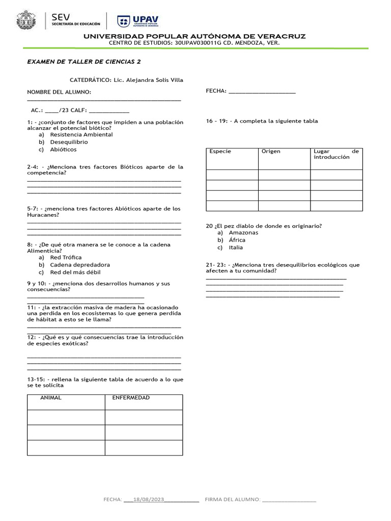 Taller de Ciencias 2 Examen | PDF