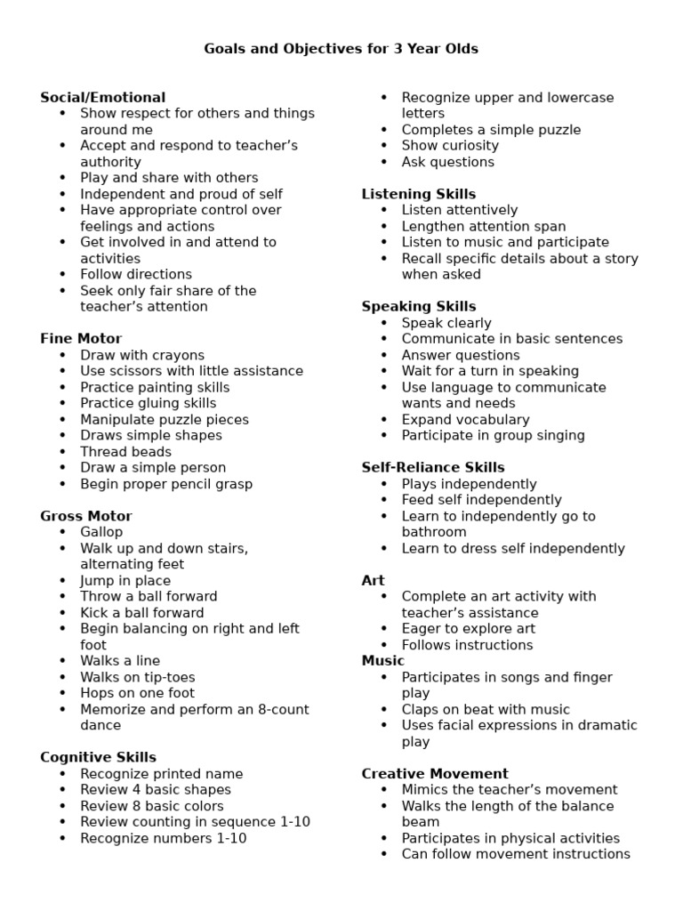 Goals and Objectives For 3 Year Olds | PDF