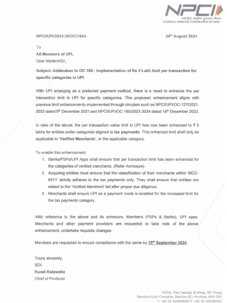 UPI OC No 185A FY 24 25 NPCI - Implementation of Rs 5 Lakh Limit Per ... UPI OC No 185A FY 24 25 NPCI - Implementation of Rs 5 Lakh Limit Per ...