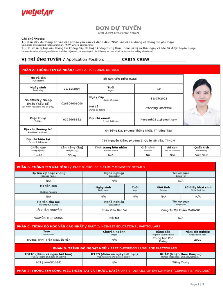 VJC-PD-FRM-12 Form Job Application | PDF