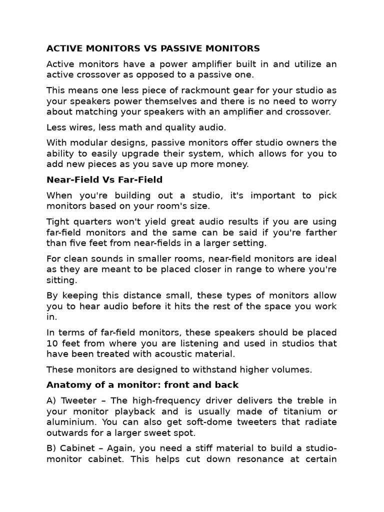 Active Monitors VS Passive Monitors | PDF