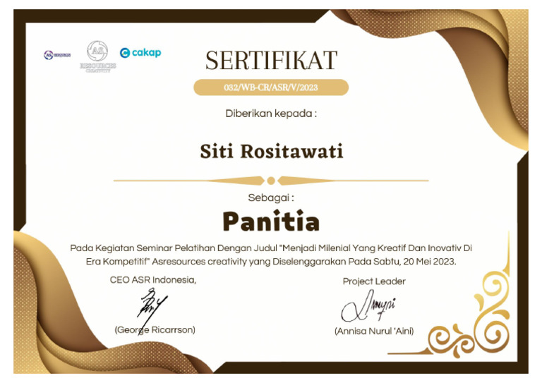 Contoh Sertifikat Panitia Seminar | PDF