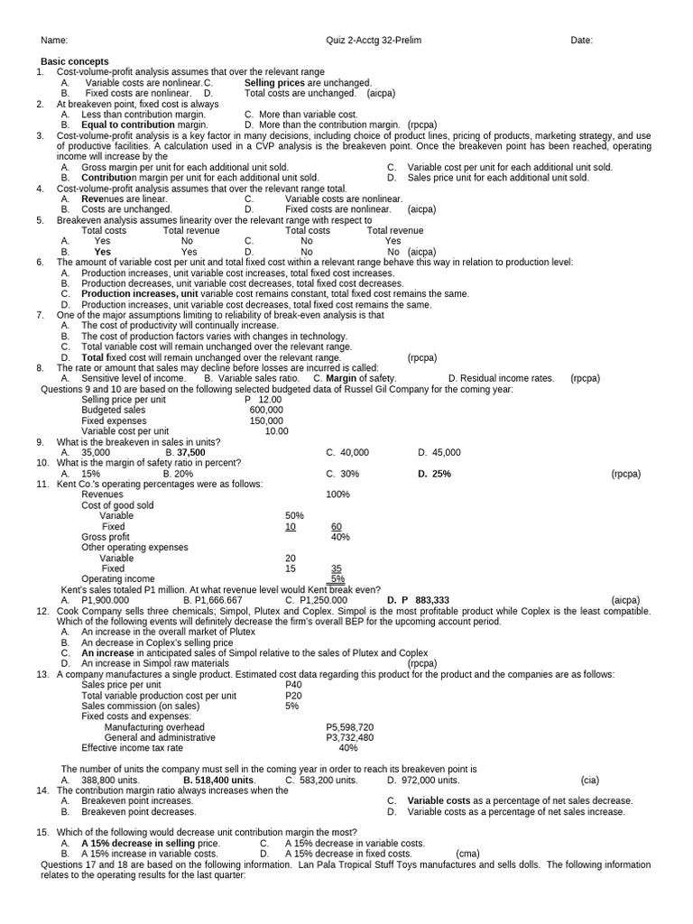 Quiz 2 Prelim Chapter 3 Set B | PDF | Economics | Pricing