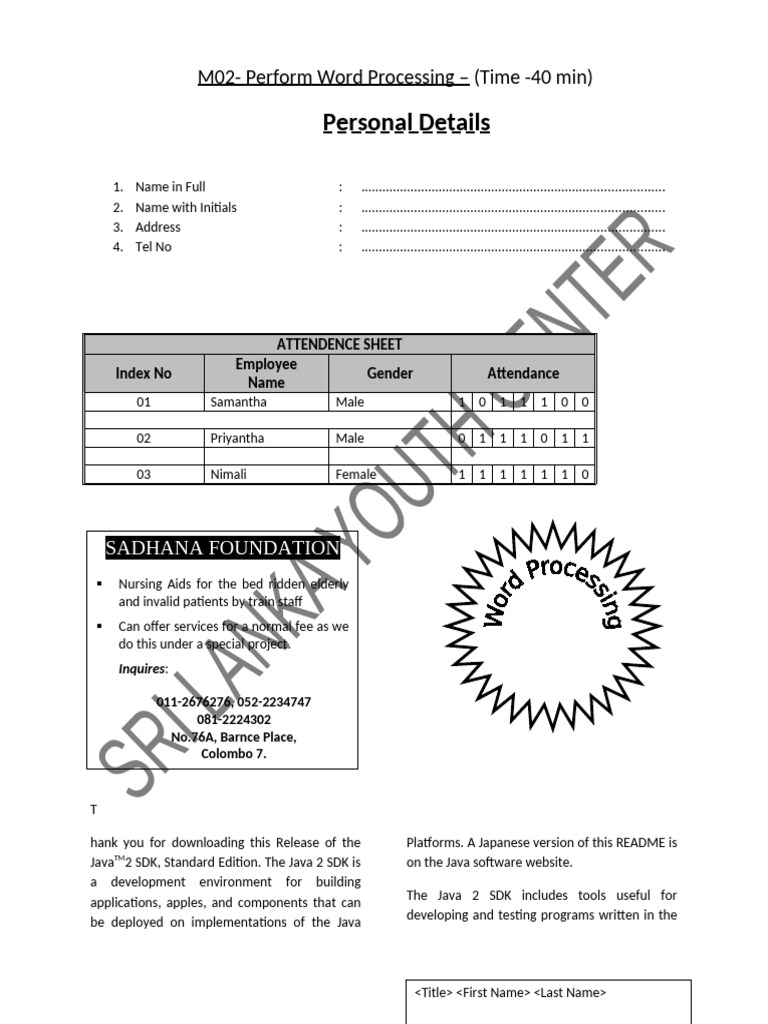 Personal Details: M02-Perform Word Processing - (Time - 40 Min) | PDF