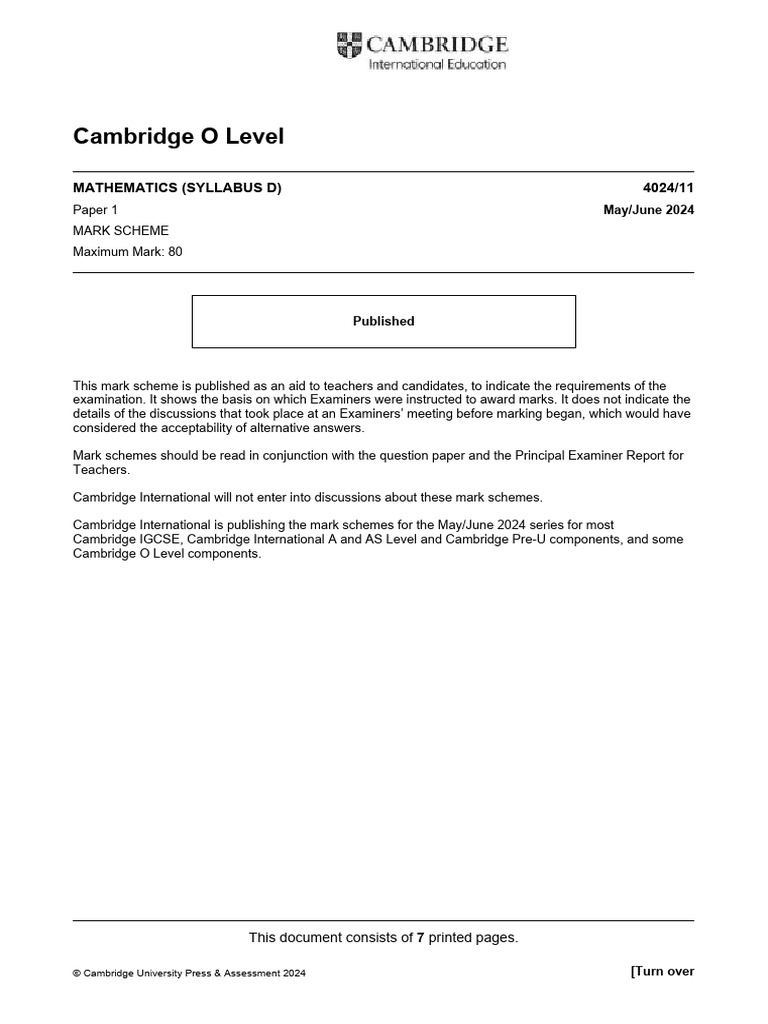 Cambridge O Level: Mathematics (Syllabus D) 4024/11 | PDF