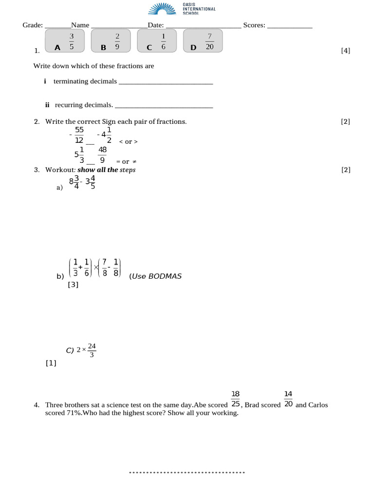 Grade 7 Fractions Chapter Test | PDF