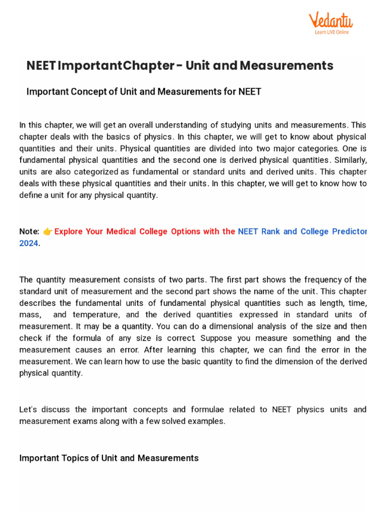 NEET Important Chapter - Unit and Measurements | PDF