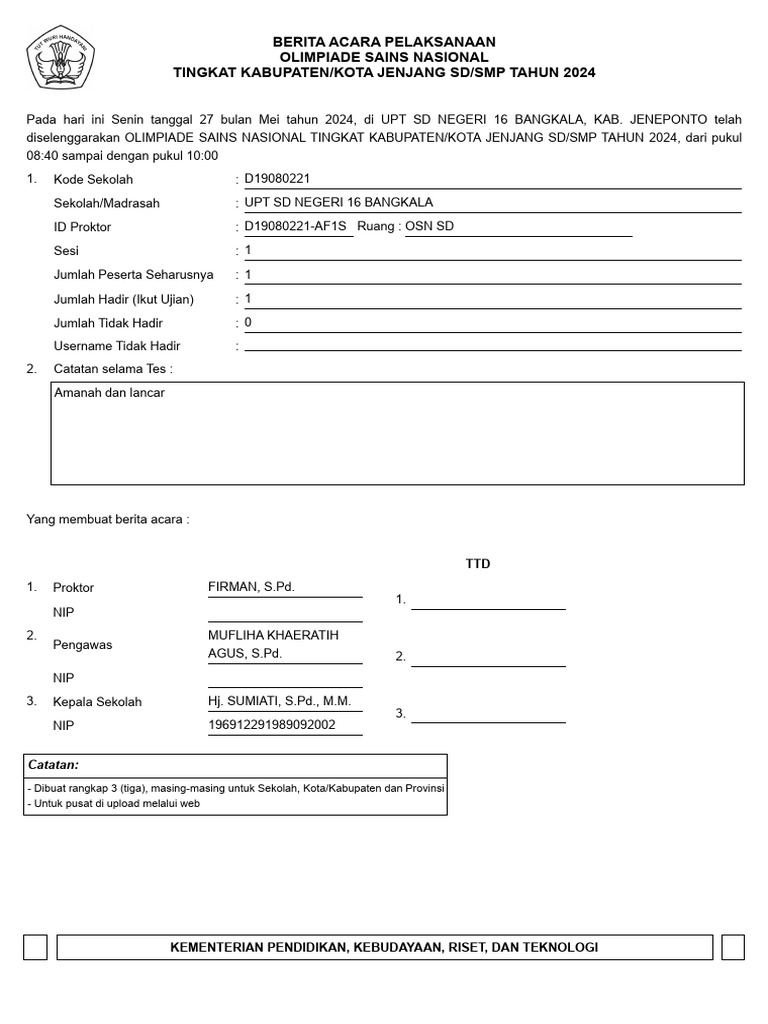 Berita Acara Osn SDN 16 BKL | PDF