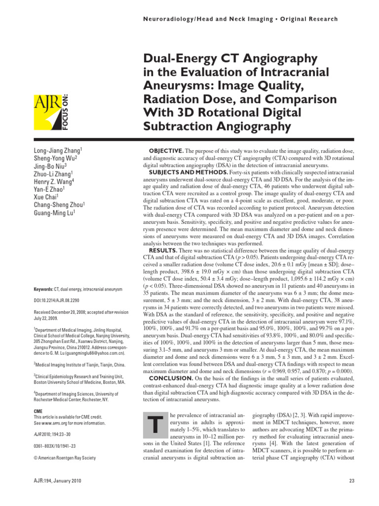 Zhang Et Al 2012 Dual Energy CT Angiography in The Evaluation of Intracranial Aneurysms Image ...