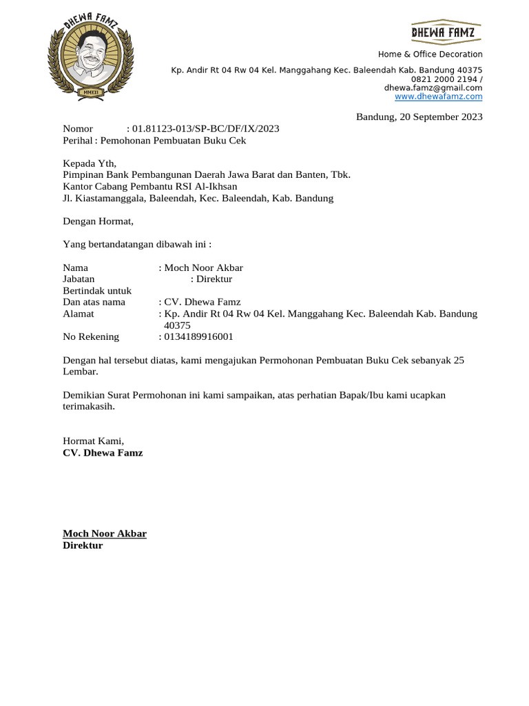 Surat Permohonan Pembuatan Cek | PDF