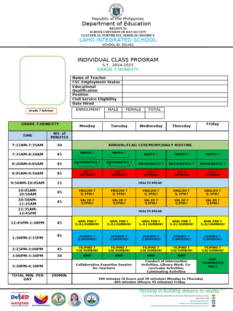 Individual Class Program Sy 2024-2025 | PDF