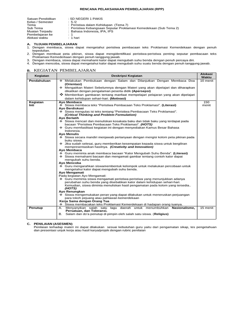 RPP Kelas 5 T7 ST2 2021-2022 - LILIK SUMARNI - SD PAKIS | PDF