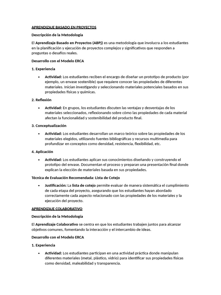 Metodologias de Aprendizaje Bajo El Modelo Erca | PDF