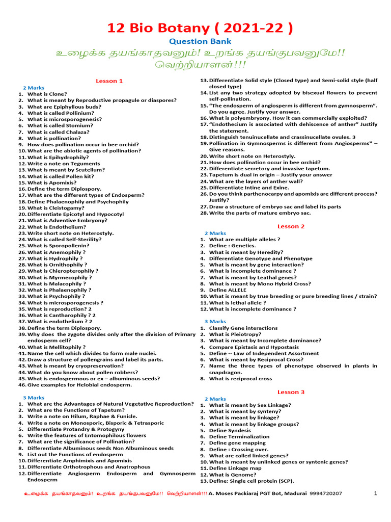 12 Bio Bot EM 2 J3 J5 Marks 2021-22 Lesson 1-10 | PDF | Ploidy ...