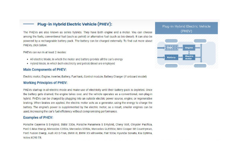 Plug-In Hybrid Electric Vehicle (PHEV) | PDF