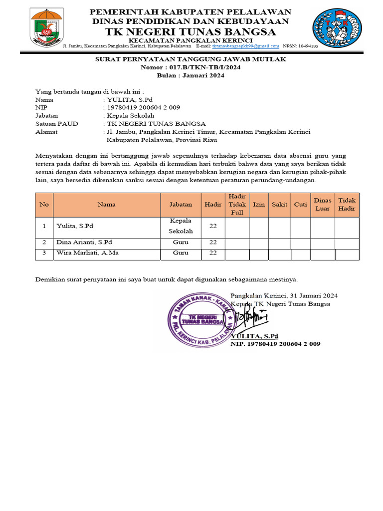 Rekap Absen Pegawai Negeri Sipil TK Negeri Tunas Bangsa Th. 2024 | PDF