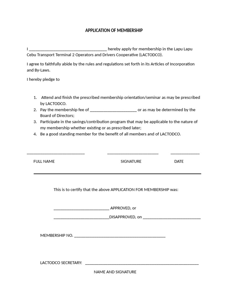 APPLICATION OF Cooperative MEMBERSHIP | PDF