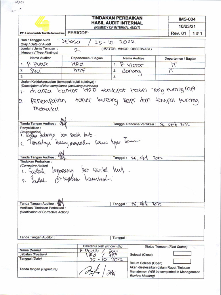 Temuan Audit Per Oktober 2022 14001 N 9001 | PDF