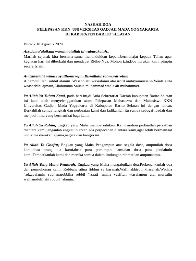 Naskah Doa Pelepasan KKN Universitas Gadjah Mada Yogyakarta Di Kabupaten Barito Selatan | PDF
