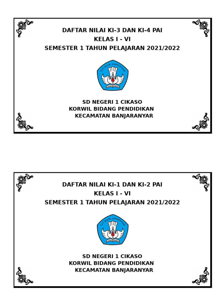 DAFTAR NILAI RAPOT KELAS 1 SMT 1, THN 2022-2023 | PDF