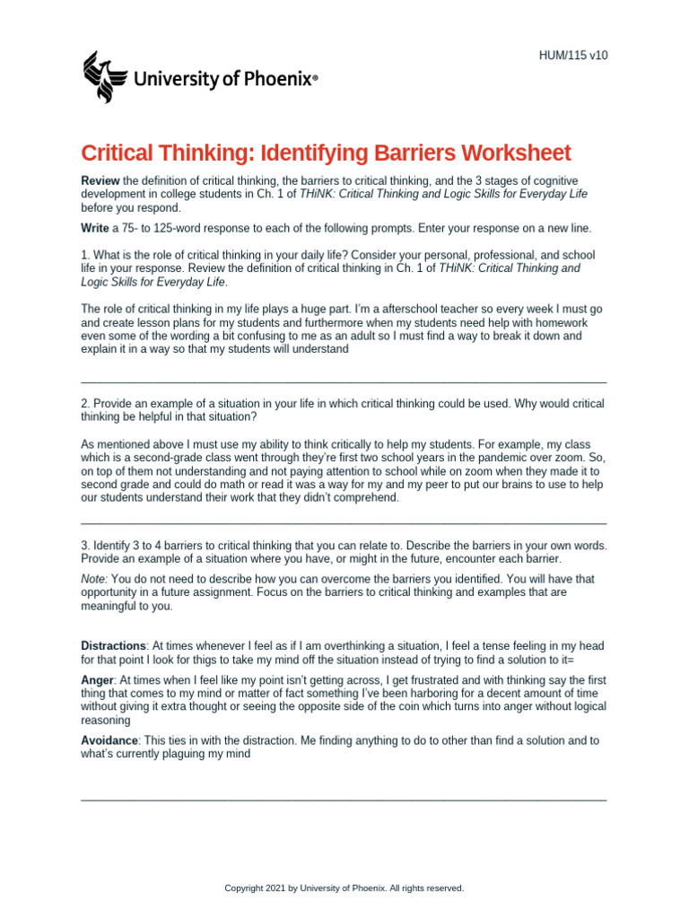 Hum115 v10 Wk1 Critical Thinking Identifying Barriers Worksheet ...