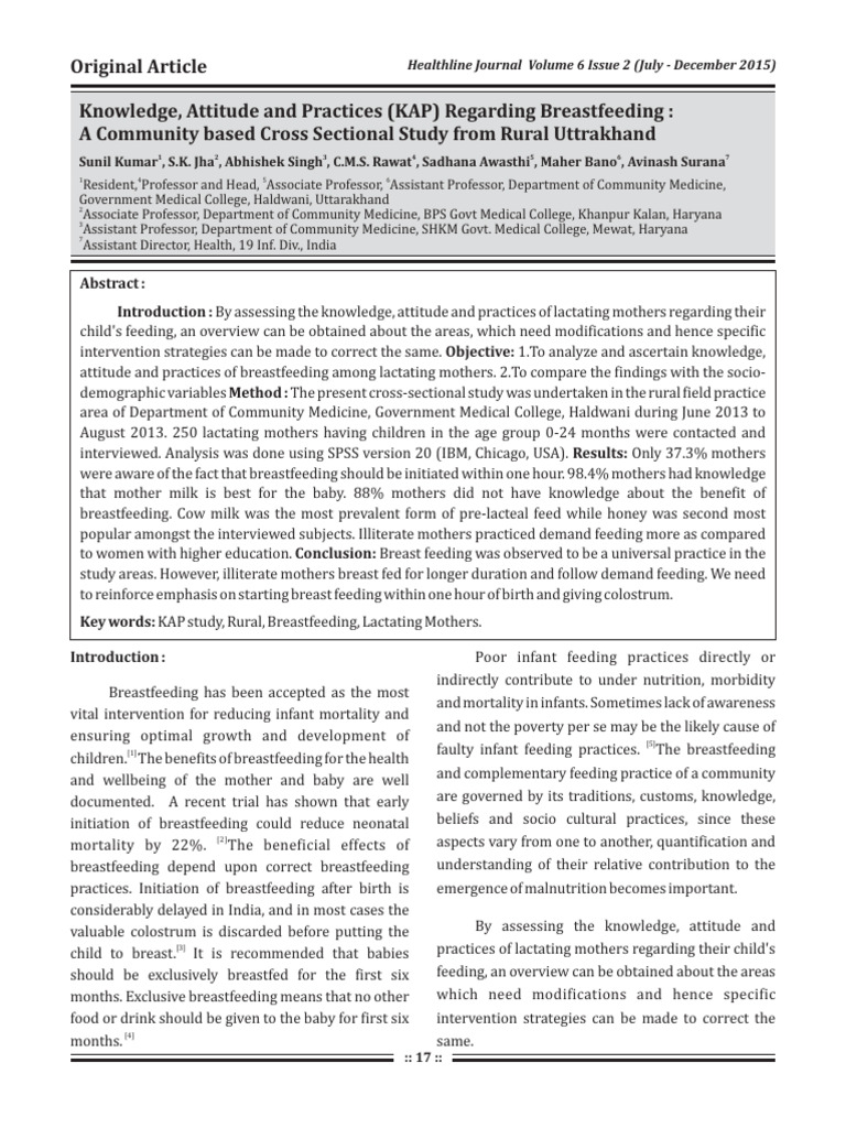 Original Article Knowledge, Attitude and Practices (KAP) Regarding Breastfeeding: A Community ...