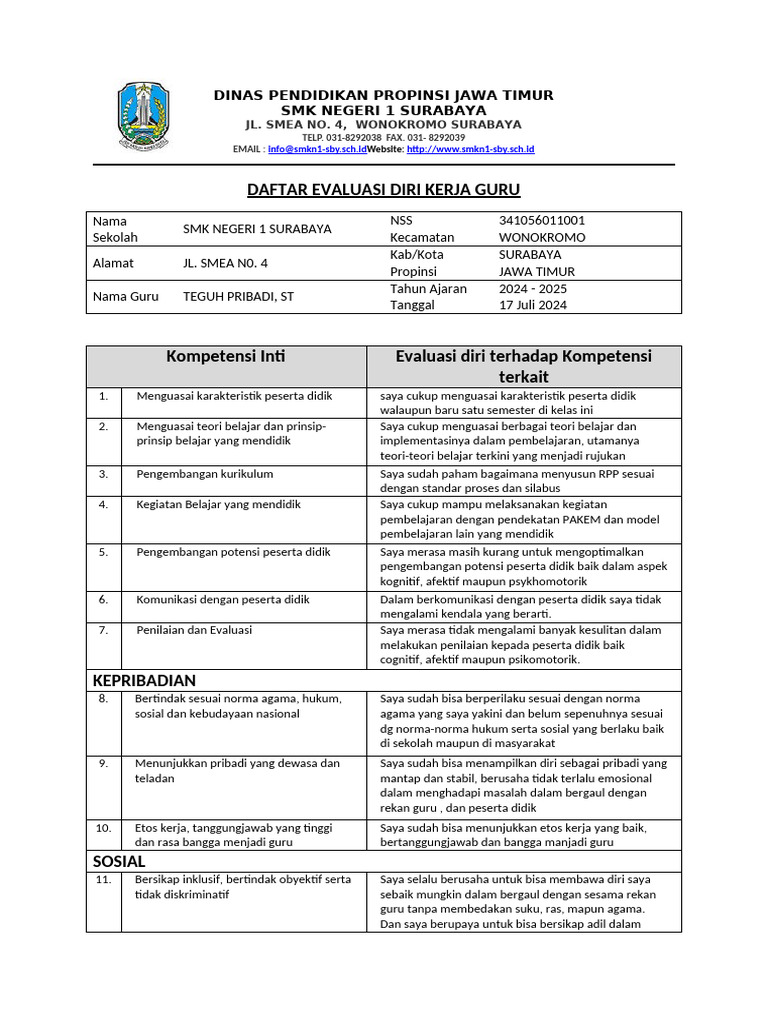 Daftar Evaluasi Diri Kerja Guru & Rencana Tindak Lanjut | PDF
