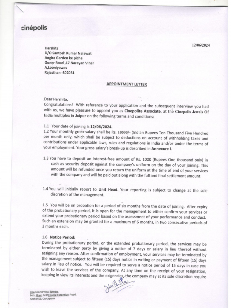 Harshita - Appointment Letter and Offer Letter | PDF