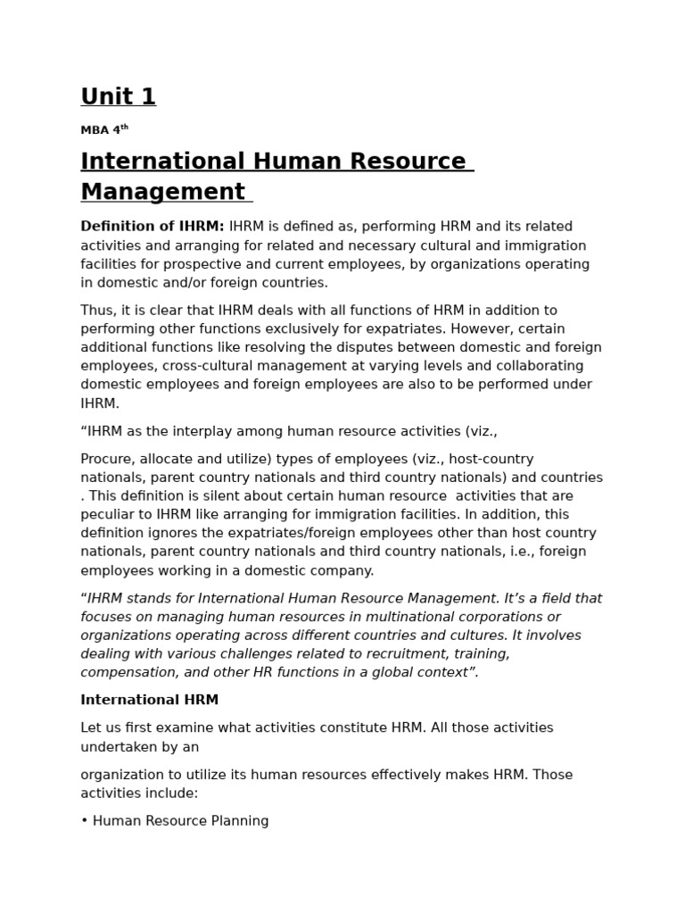 Unit 1 IHRM | PDF | Human Resource Management | Employment