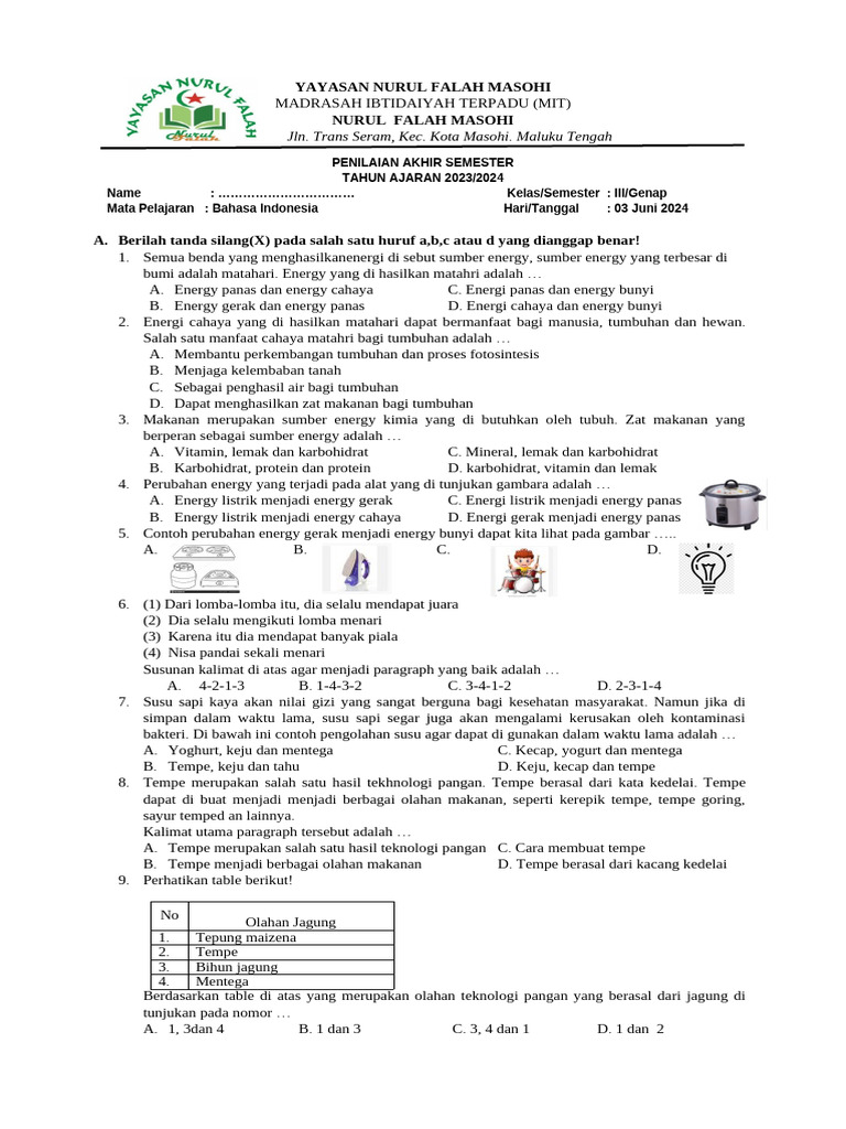 Soal PAS BINDO Kelas 3 SMT 2 | PDF