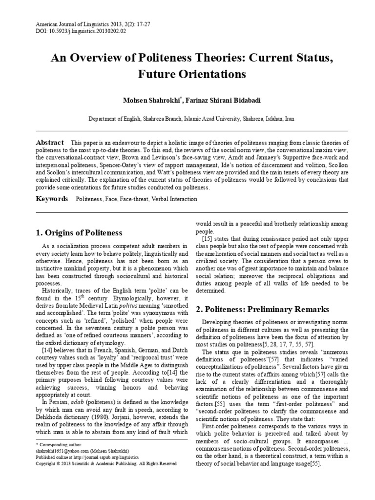 An Overview of Politeness Theories Curre | PDF