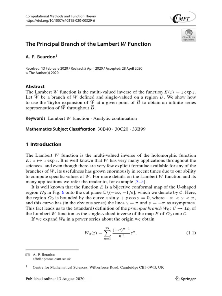 The Principal Branch of The Lambert W Function | PDF