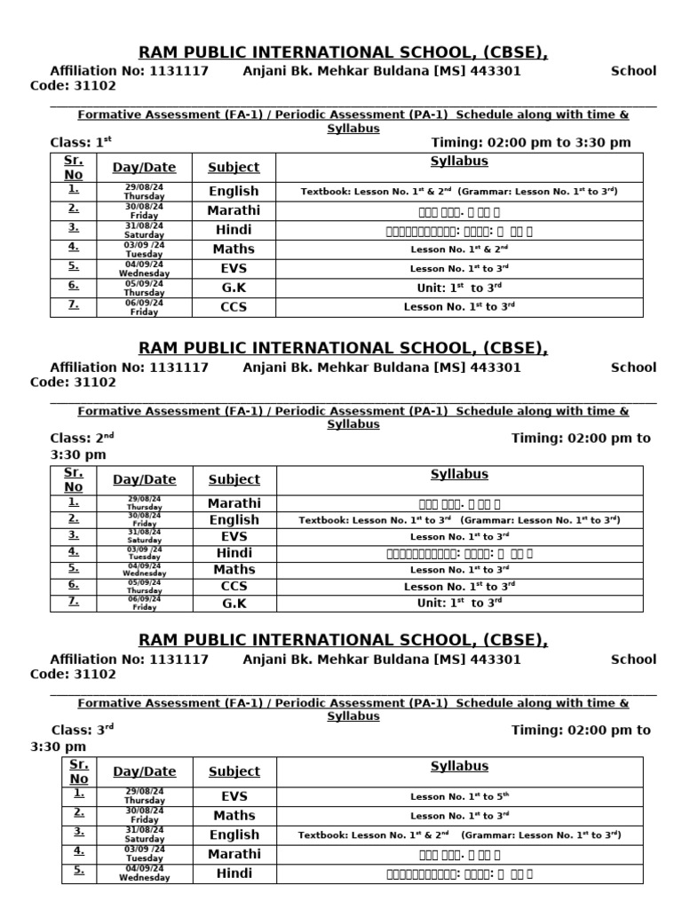 Formative Assessment (FA-1) Periodic Assessment (PA-1) Schedule Along With Time & Syllabus | PDF