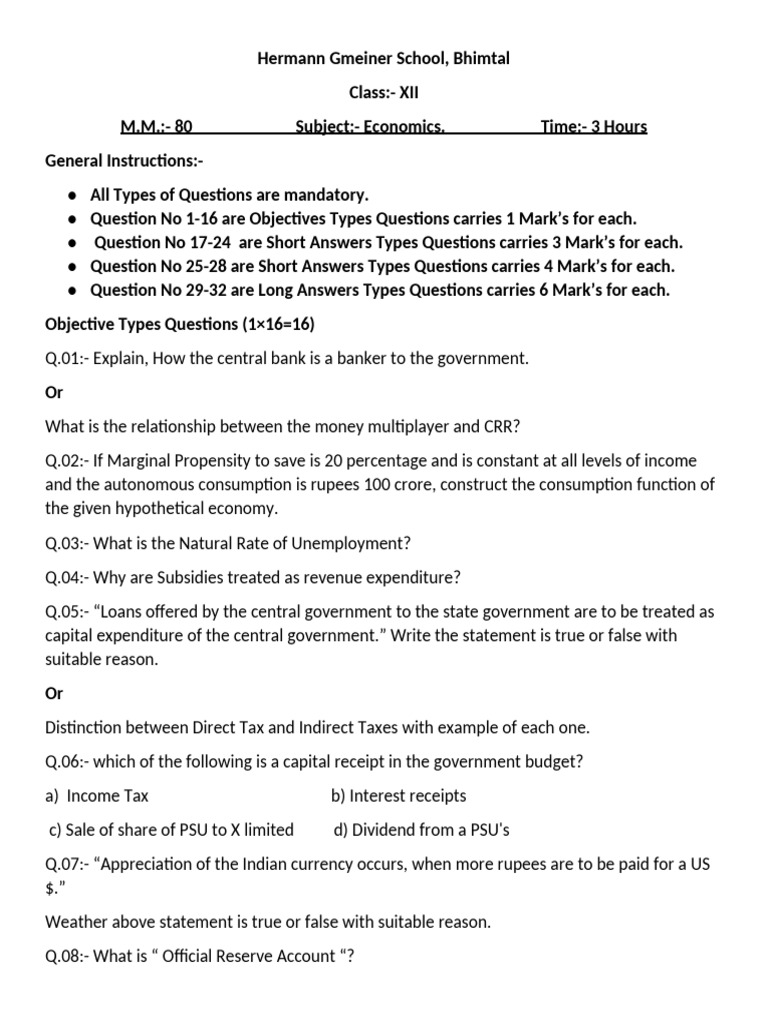 Xii Eco Half Yearly Paper B | PDF | Government Budget Balance | Balance ...