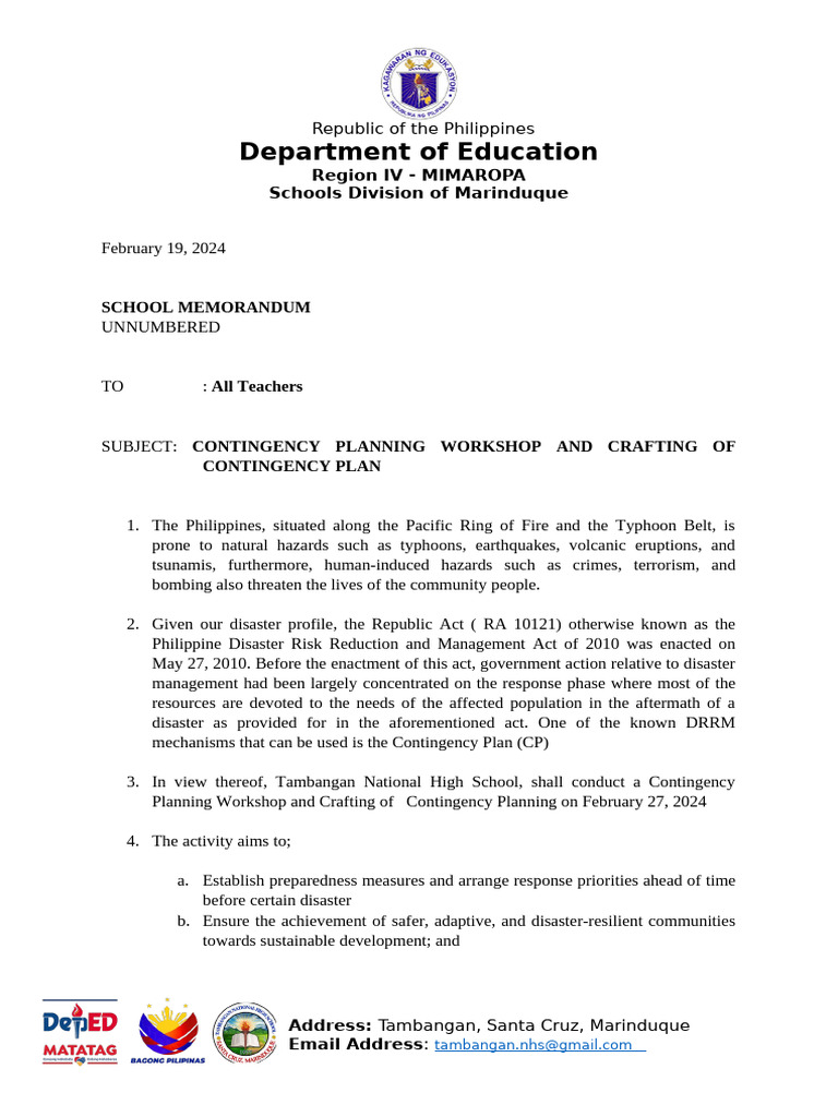 Memo For Contingency Planning | PDF