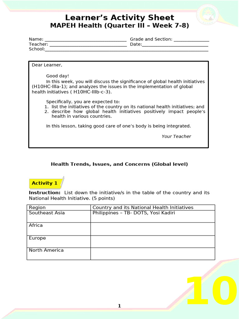 Learner's Activity Sheet: MAPEH Health (Quarter III - Week 7-8) | PDF