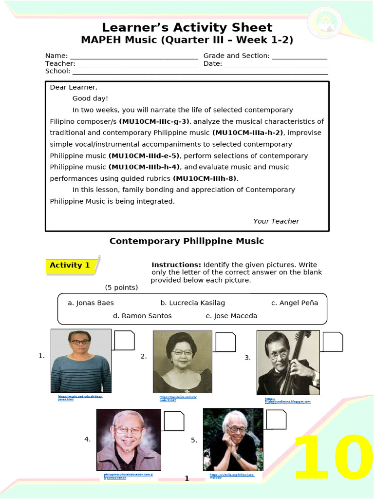 Learner's Activity Sheet: MAPEH Music (Quarter III - Week 1-2) | PDF