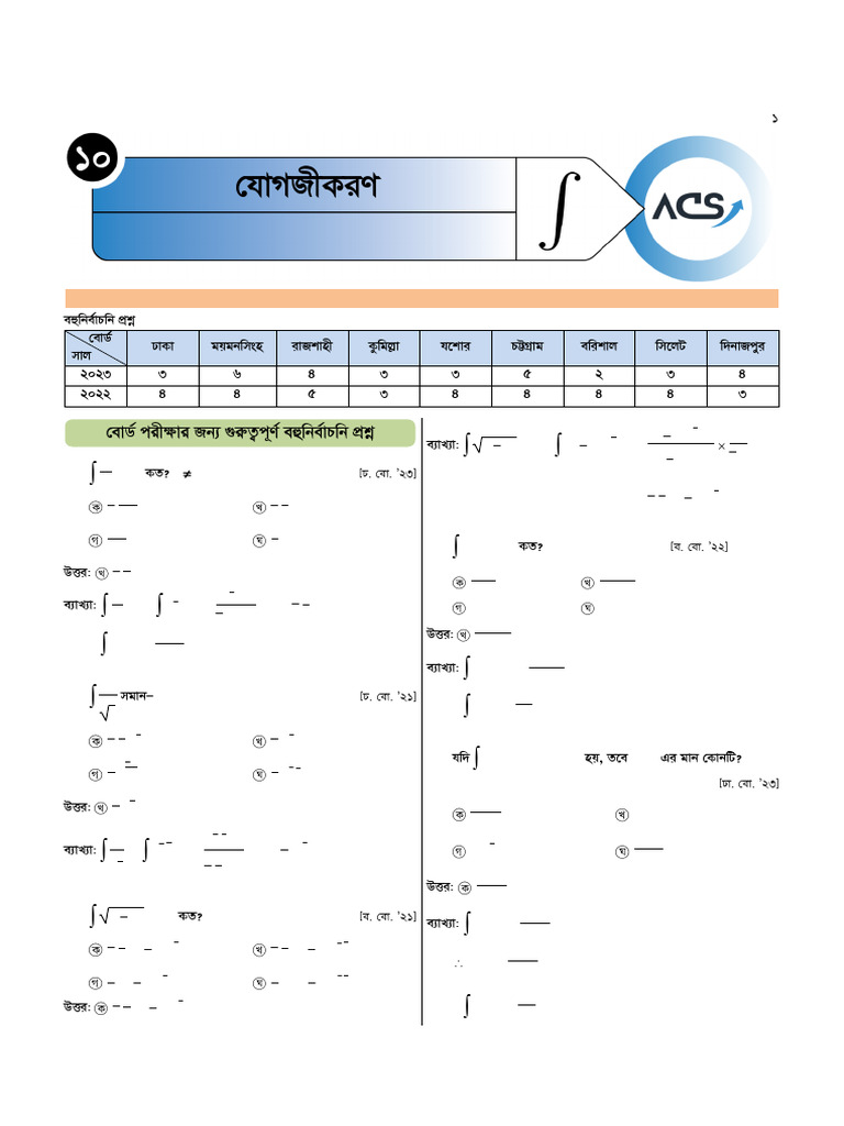 Integration MCQ Suggestion HSC 2024 | PDF