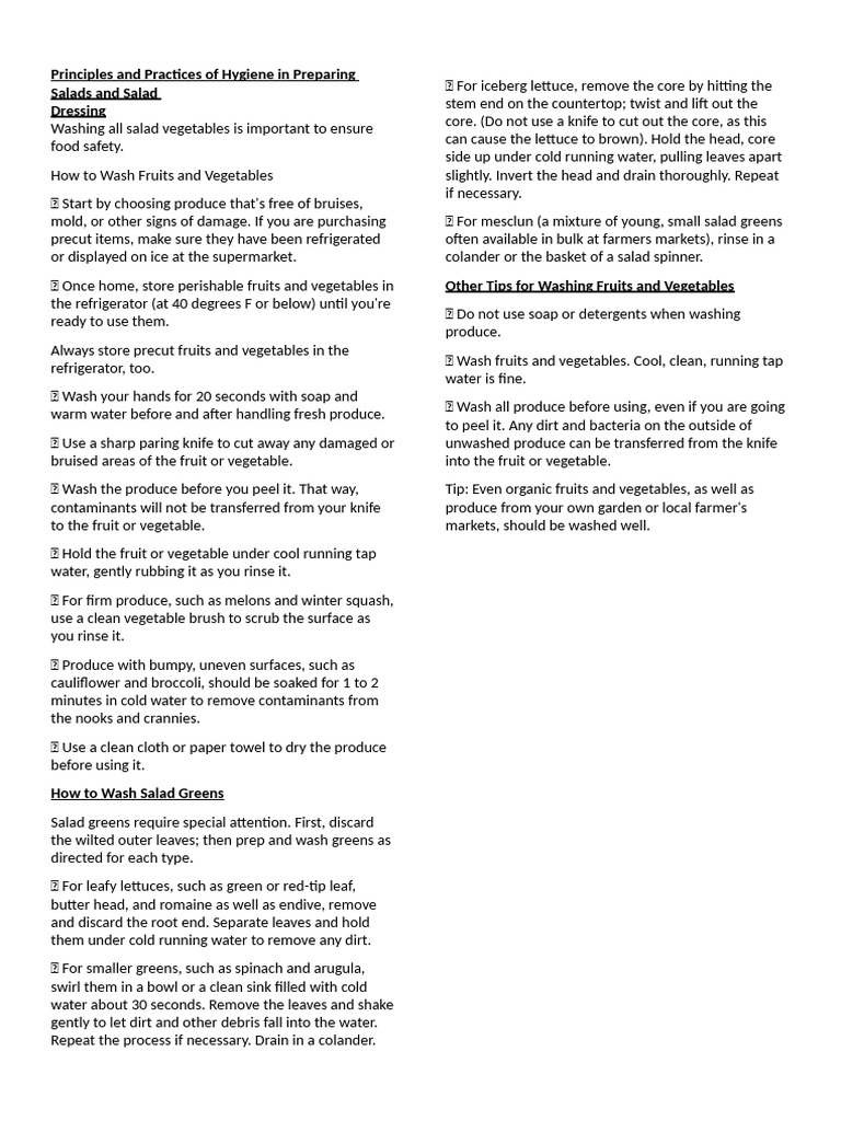 NOTES Principles and Practices of Hygiene in Preparing Salads and Salad ...