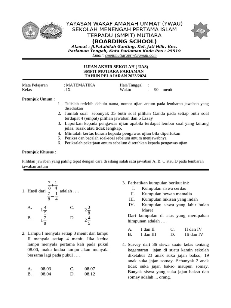 Uas Mat It 23-24 KLS 9 | PDF