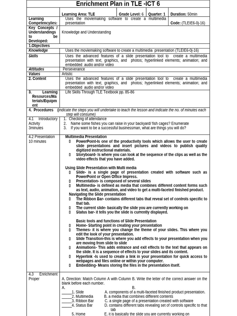 Tle Ict Grade 6 Enrichment-Lp | PDF | Multimedia | Art